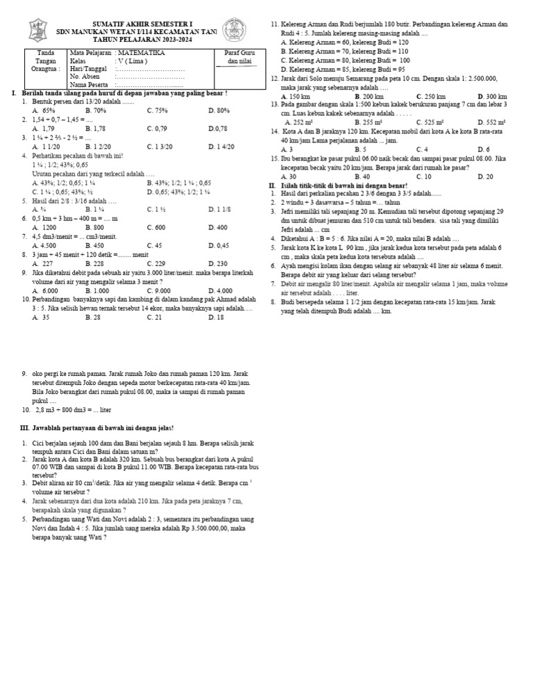 Pas Ganjil Matematika Kelas 5 2023-2024 | PDF