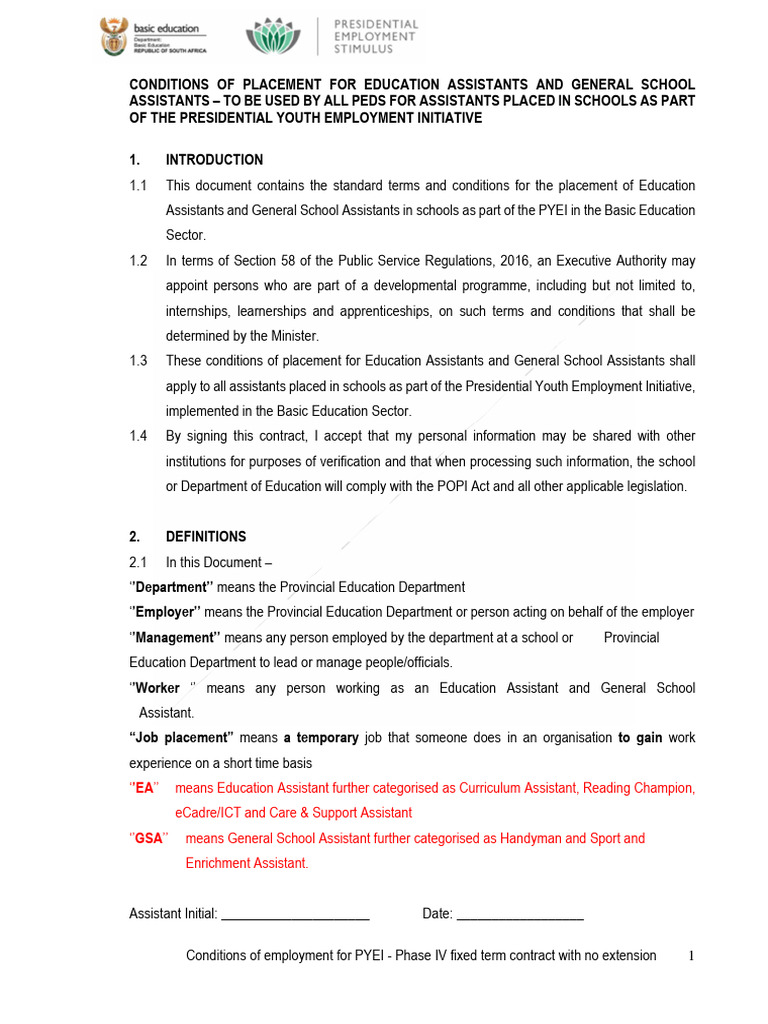 Conditions of Placement For Education Assistants (EAs) and General ...