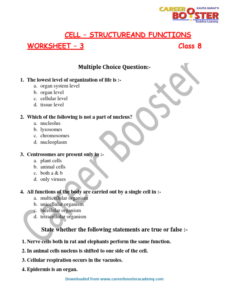 Class 8 - Science - Cell - Structure and Functions - WORKSHEET | PDF ...