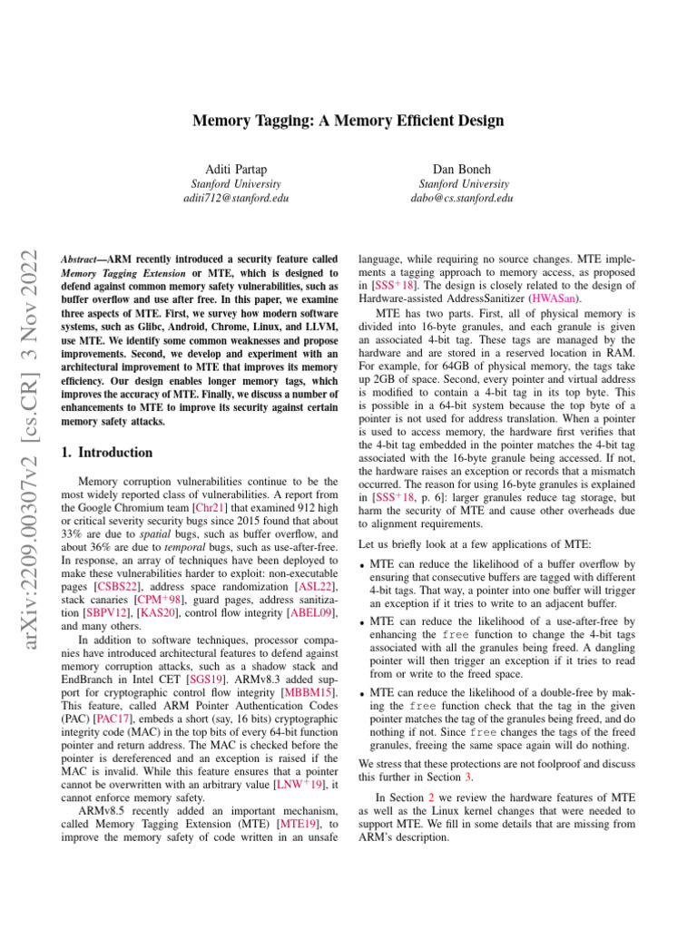 Memory Tagging: A Memory Efficient Design: Aditi Partap Dan Boneh | PDF ...