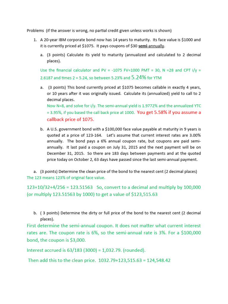Assignment 1-Answer Key | PDF | Bonds (Finance) | Yield (Finance)