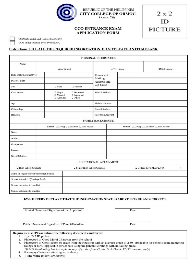 Cco Entrance Exam Application Form - 092754 | PDF