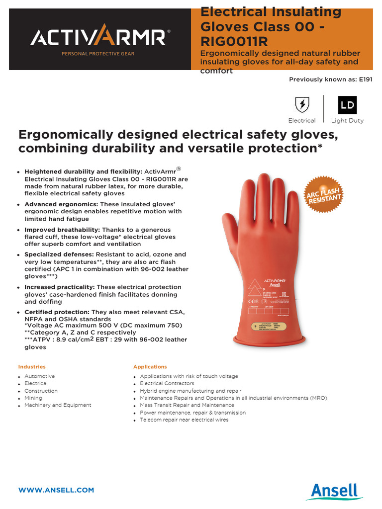 Activarmr Electrical Insulating Gloves Class 00 Rig0011r - Pds - Us ...