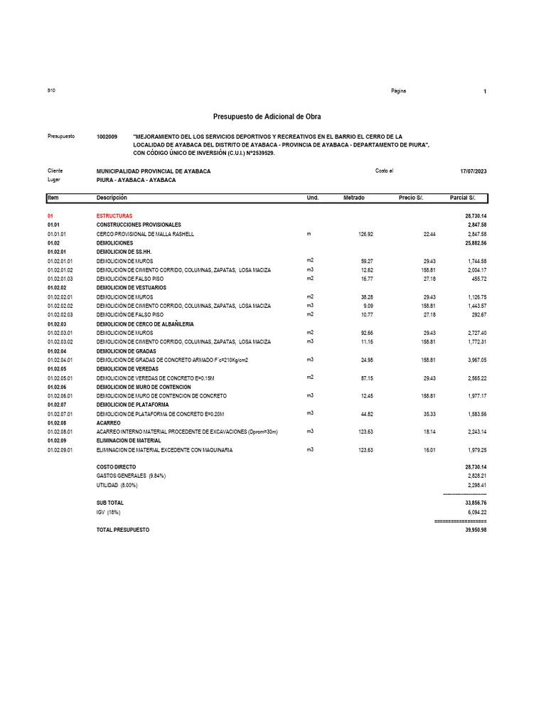 00 Presupuesto Adicional | PDF