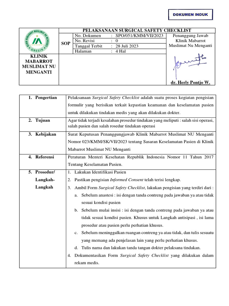Sop Pelaksaan Surgical Safety Checklist | PDF