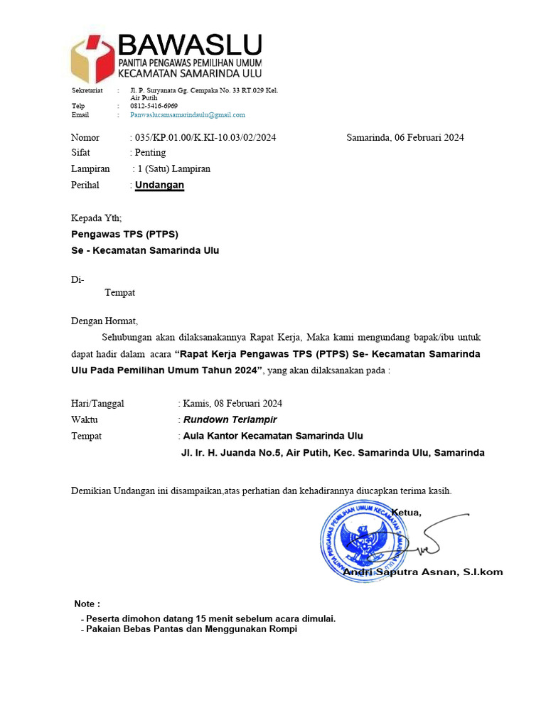 Undangan Raker PTPS Se-Kecamatan Samarinda Ulu 2024 - 08 Februari 2024 ...
