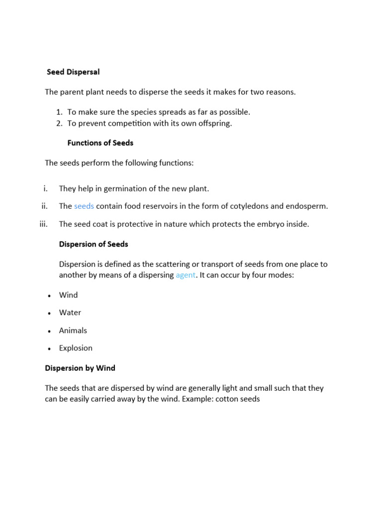 Seed Dispersal Notes Igcse | PDF