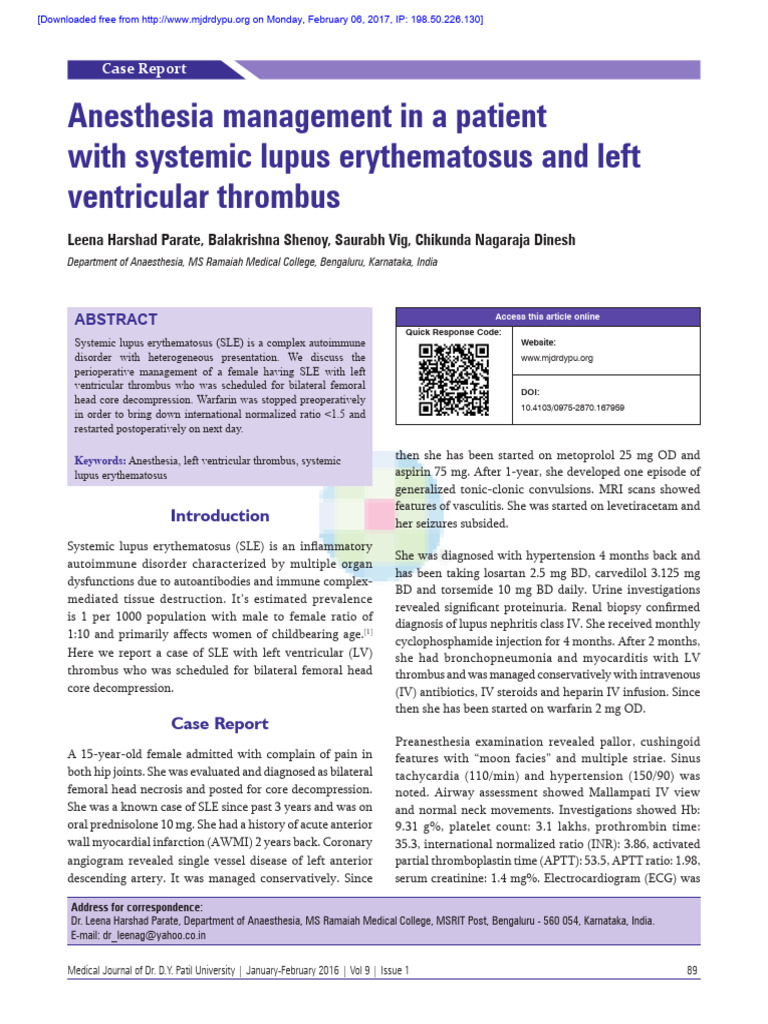 Anesthesia in SLE with LV Thrombus Case | PDF | Autoimmune Disease ...
