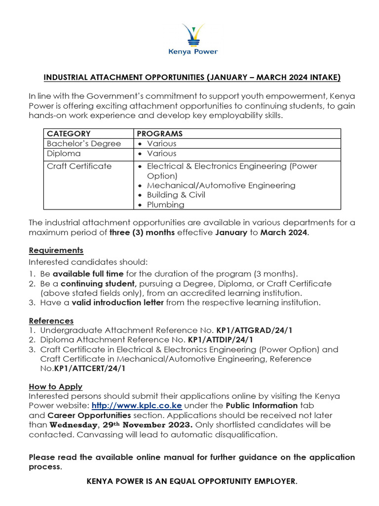 Kenya Power Attachment 2024 Opportunities | PDF