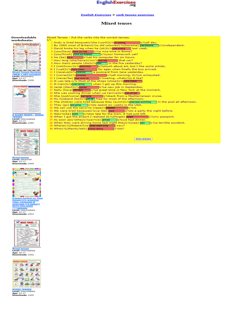 Mixed Tenses Exercises for Students | PDF | Linguistic Typology ...