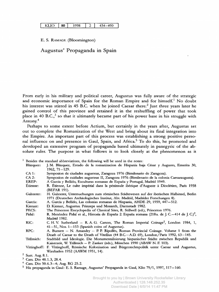 Ramage, E.S. Augustus' Propaganda in Spain | PDF | Augustus | Julius Caesar