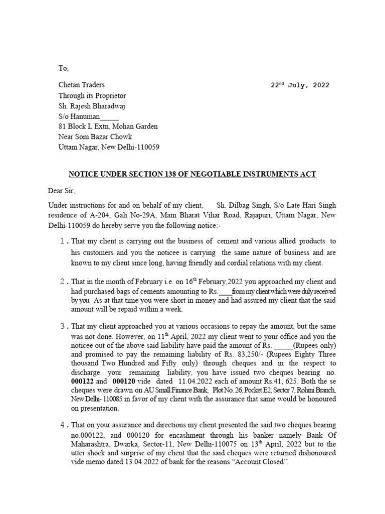 Legal Notice 138 | PDF | Cheque | Banks