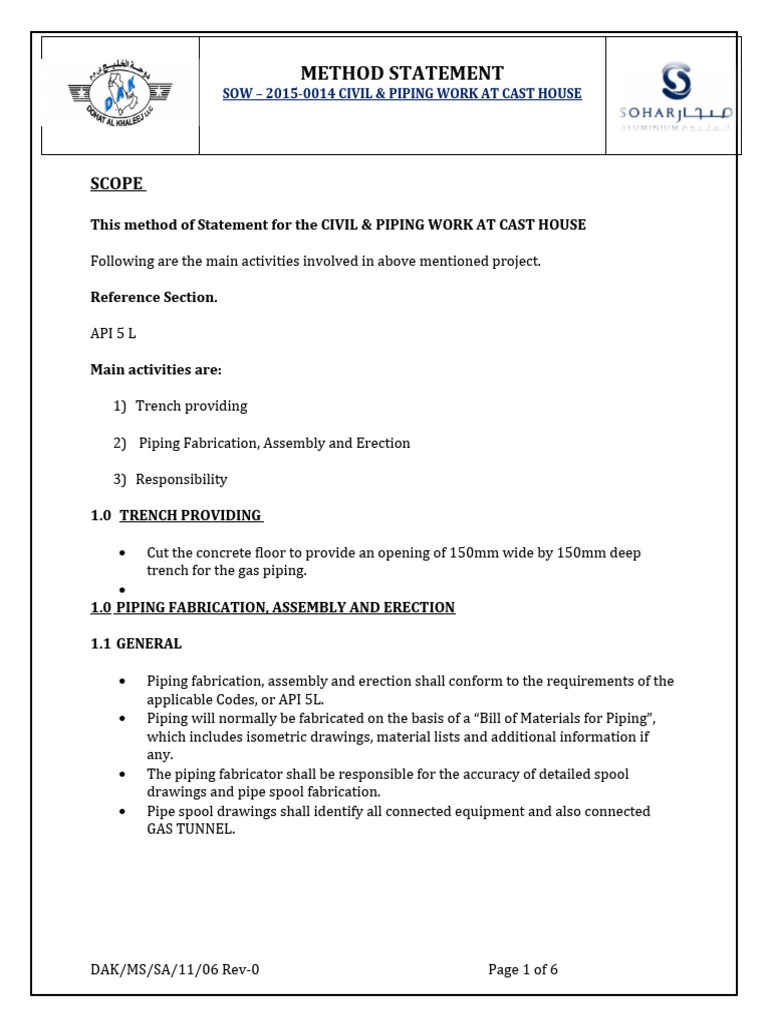 Method Statement For Civil & Piping Work in Cast House | PDF | Pipe ...
