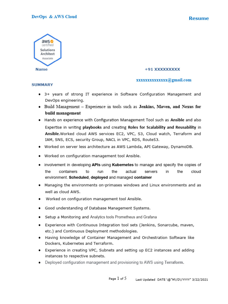 DevOps Resume | Download Free PDF | Cloud Computing | Amazon Web Services