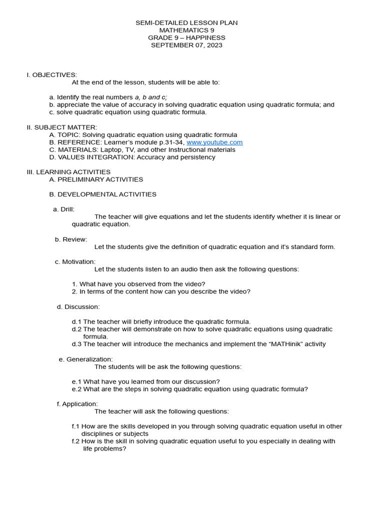 Quadratic Formula Sample Lesson Plan | PDF | Quadratic Equation | Equations