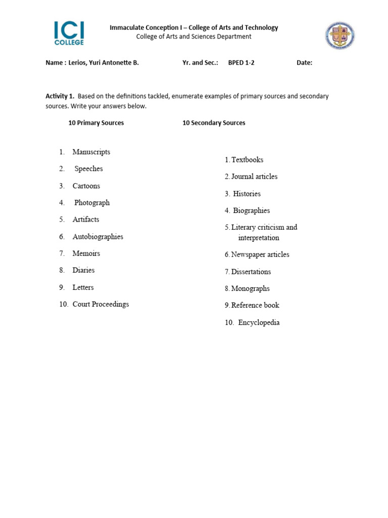 Week 1 2 Activity Why Study History and Primary and Secondary Sources ...