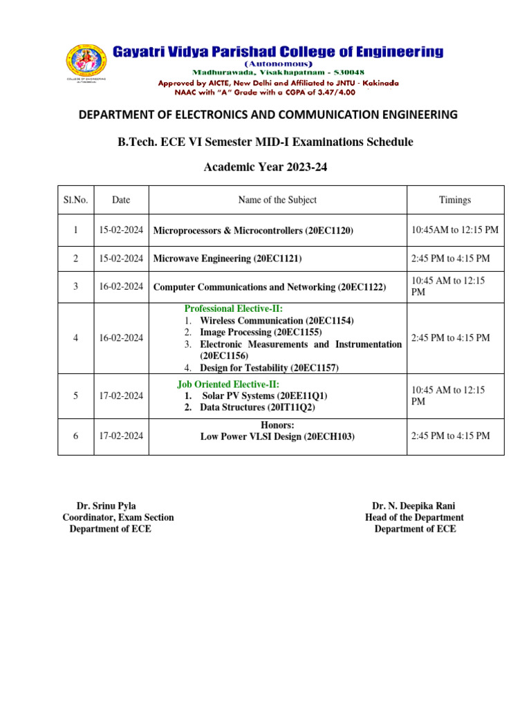 ECE VI Semester MID-I Exam Schedule 2024 | PDF | Technology & Engineering
