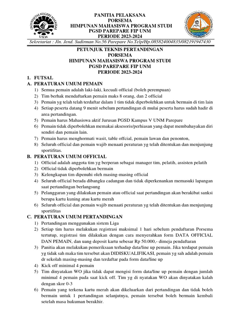 Aturan Futsal Porsema PGSD 2023-2024 | PDF