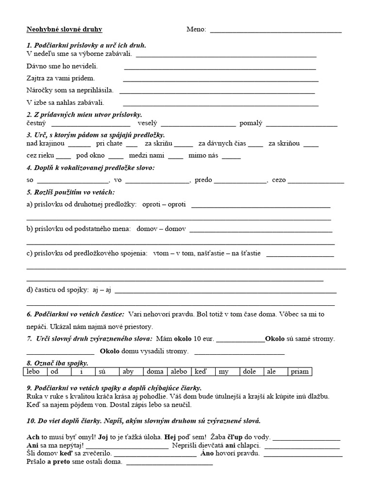 Neohybné Slovné Druhy - Test | PDF