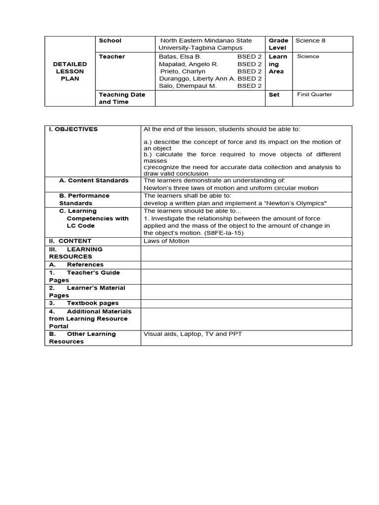 Group 3 Lesson Plan Finals | PDF | Force | Acceleration