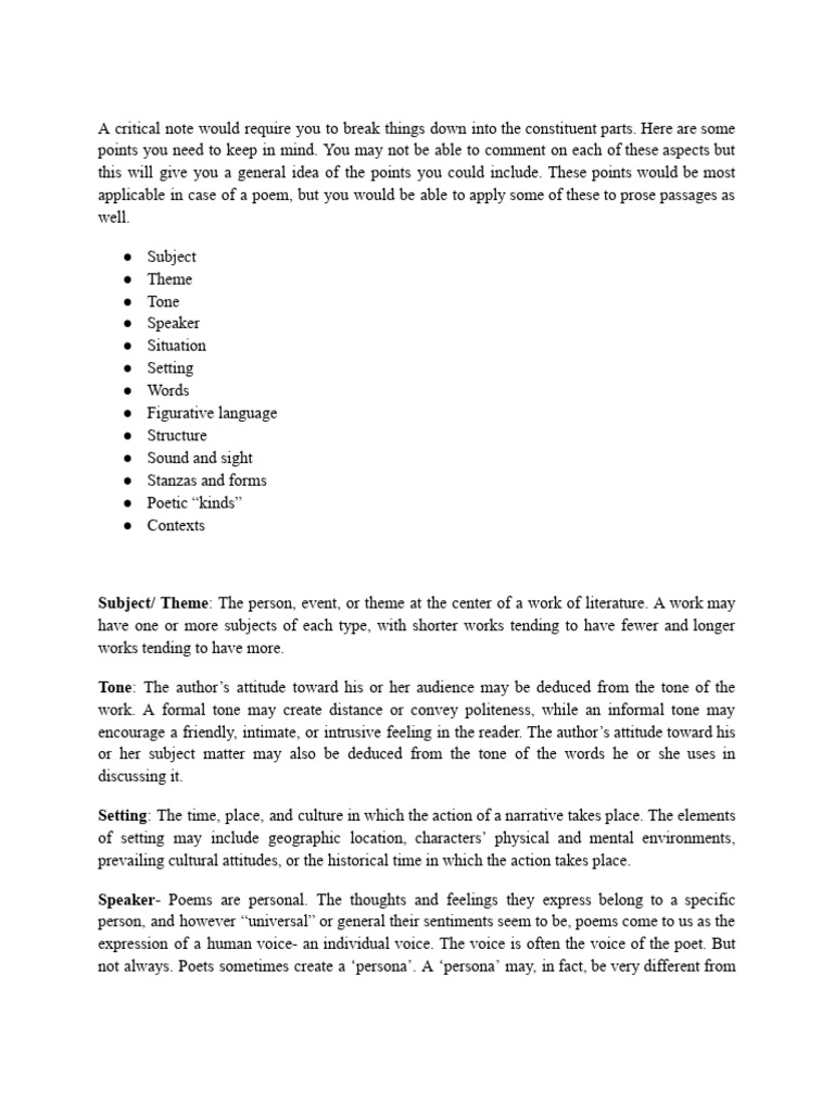 Critical Note_ Points to Remember | PDF | Poetry | Human Communication