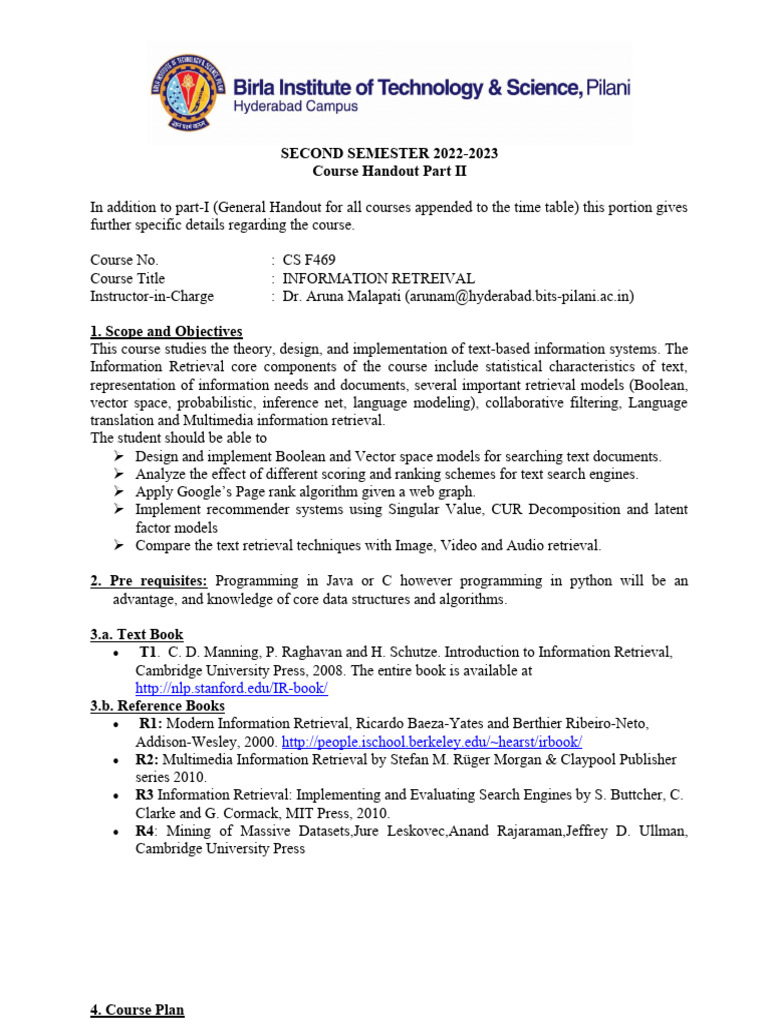 CS F469 Information Retrieval - Handout | PDF | Information Retrieval | Computing