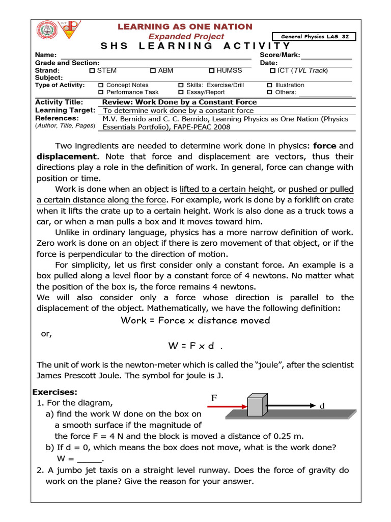 Gen Physics 2 LAS 32 Work Done by A Constant Force | PDF | Force | Physical Quantities