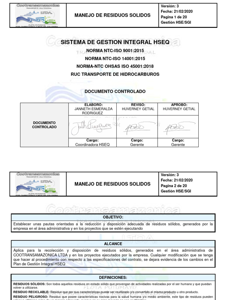 PROCEDIMIENTO Manejo de residuos solidos V3 | PDF | Residuos | Reciclaje