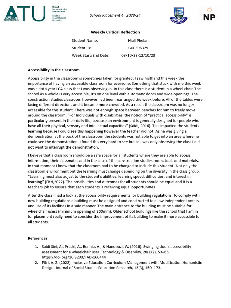 Critical Reflection Week 2 | PDF | Classroom | Accessibility