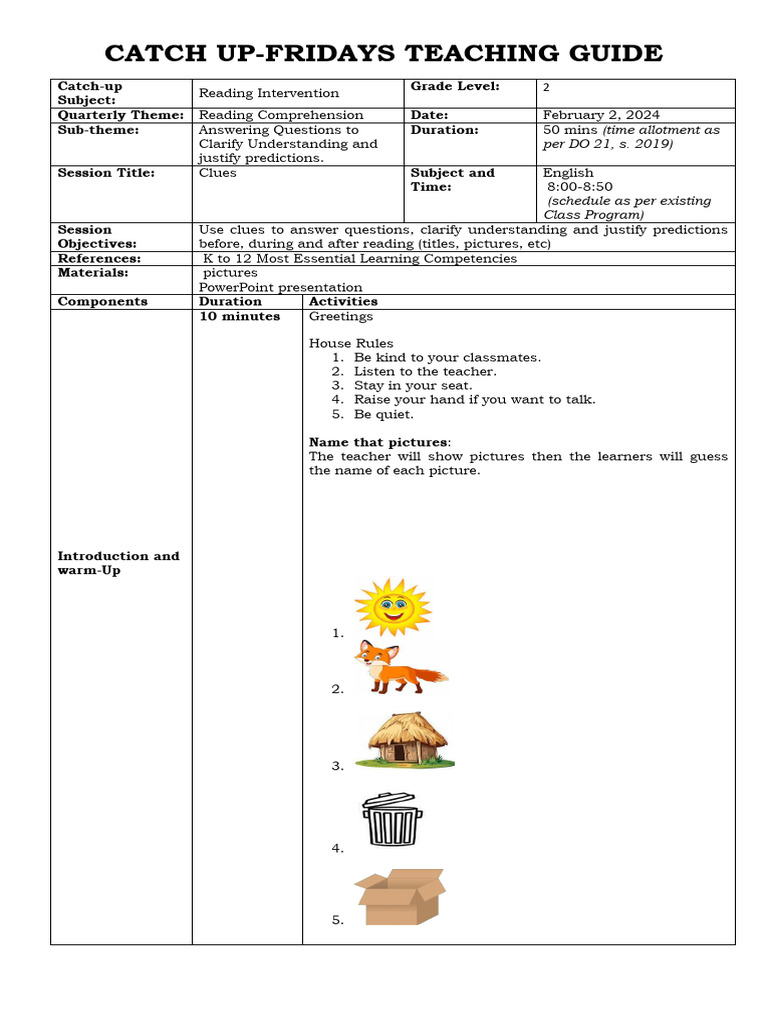 Grade2 Eng Reading - Catch Up Friday | PDF | Teachers | Reading Comprehension