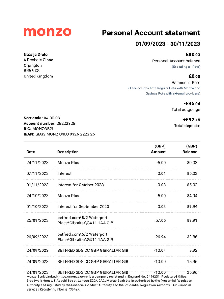 Monzo Bank Statement 2023 | PDF | Business | Service Industries