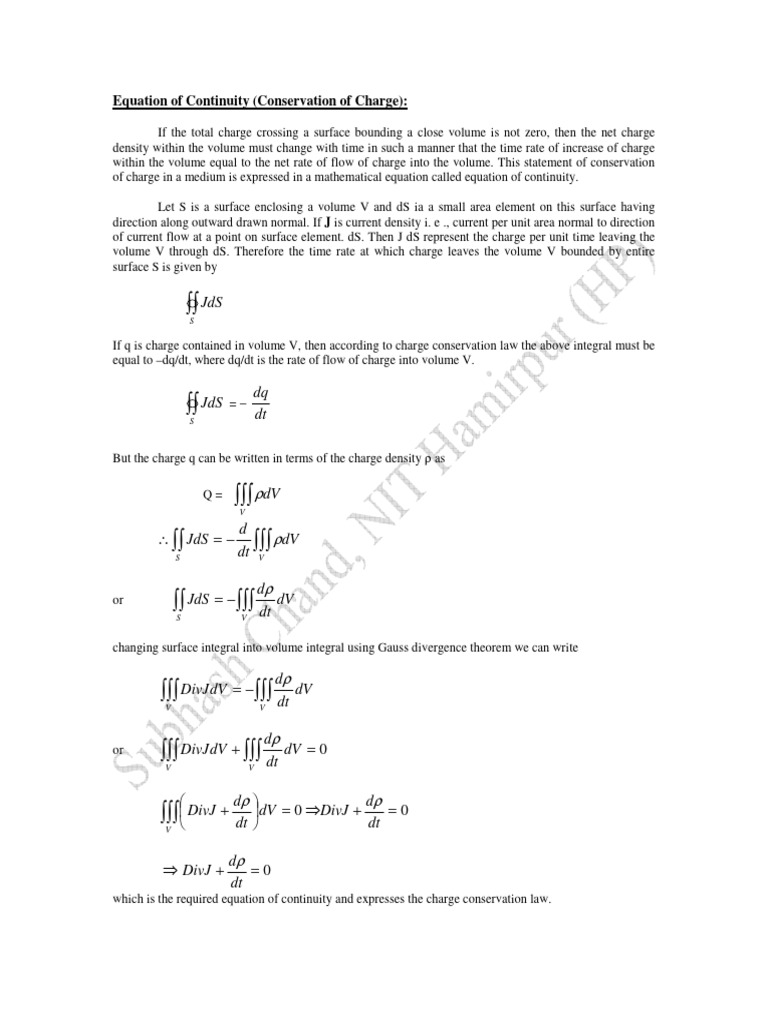 Equation of Continuity (Conservation of Charge) :: DT DQ | PDF ...