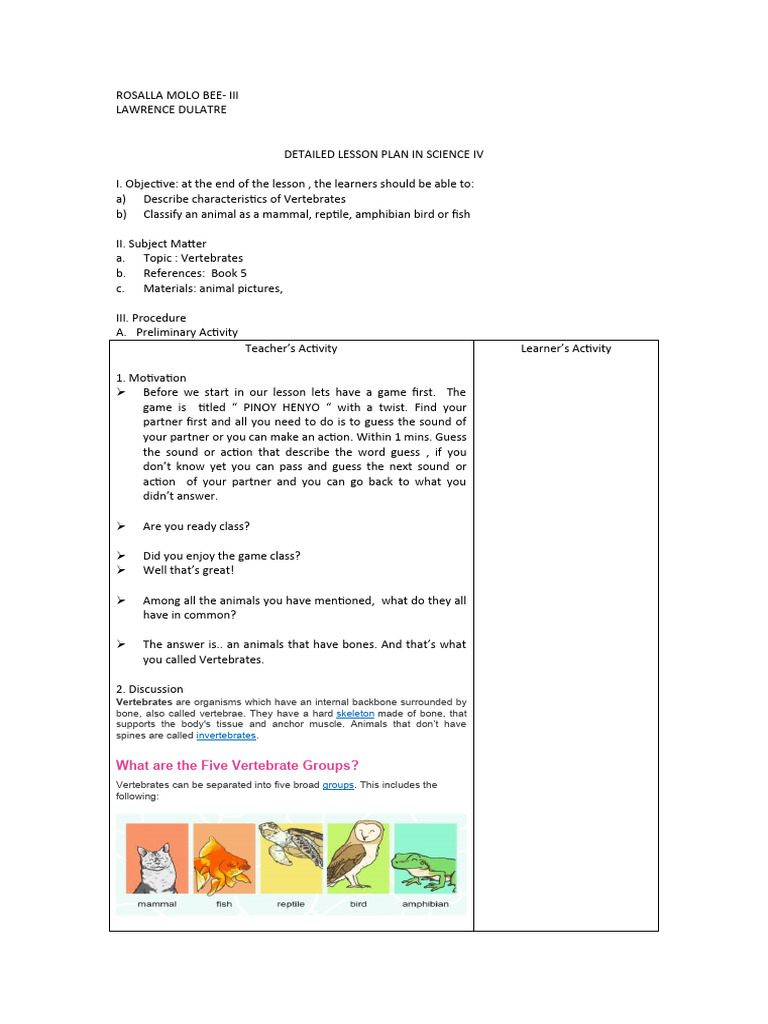 Detailed Lesson Plan in Science Iv | PDF | Amphibian | Vertebral Column