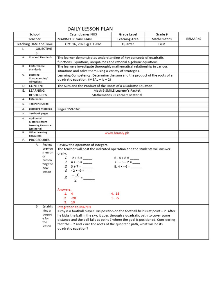 Math 9 DLP Sum and The Product of Roots | PDF | Quadratic Equation ...