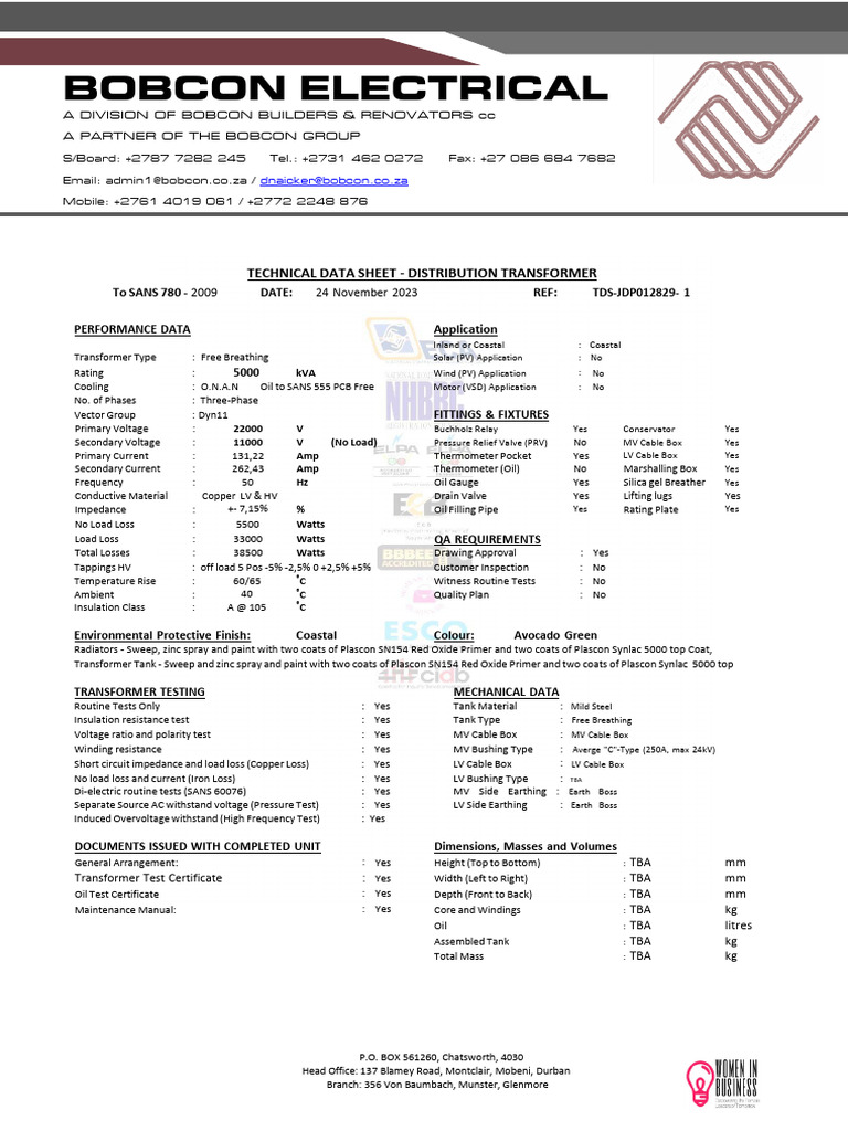 Technical Data Sheet - Distribution Transformer | PDF | Transformer ...