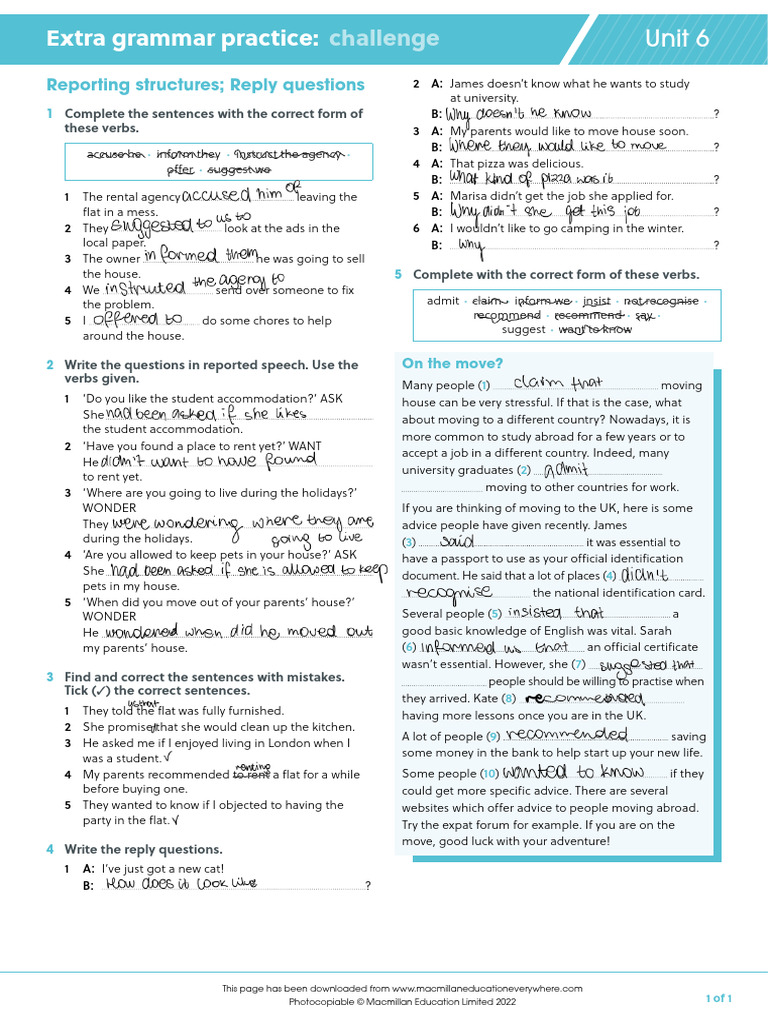 B2PLUS U6 Extra Grammar Practice Challenge | PDF | Identity Document | Linguistics
