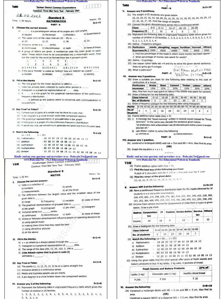 8th Maths EM 3rd Mid Term Exam 2023 Original Question Paper Thenkasi District English Medium PDF ...