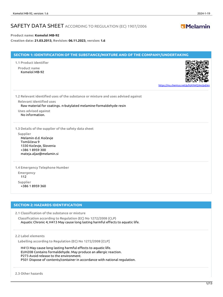 MSDS Komelol MB-92 (ENG) | PDF | Physical Sciences | Workplace