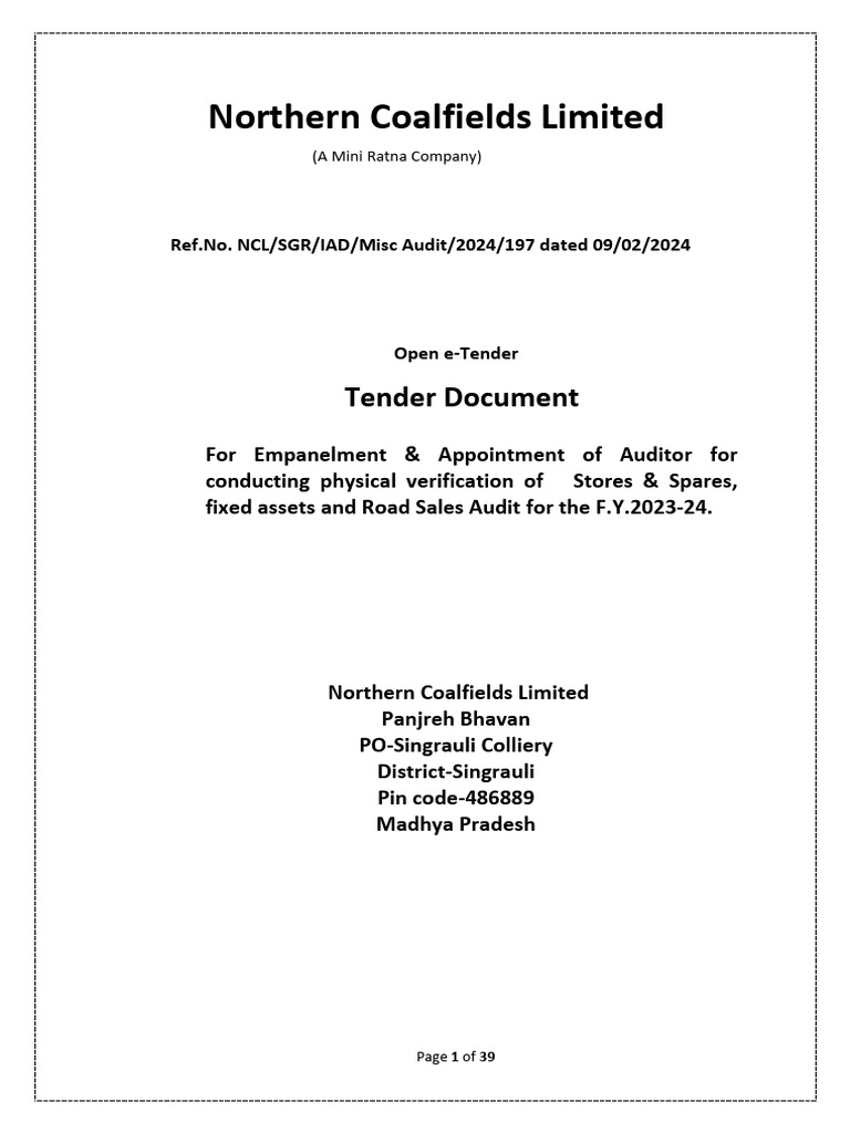 Northern Coalfields Limited: Tender Document | PDF | Online And Offline | Audit
