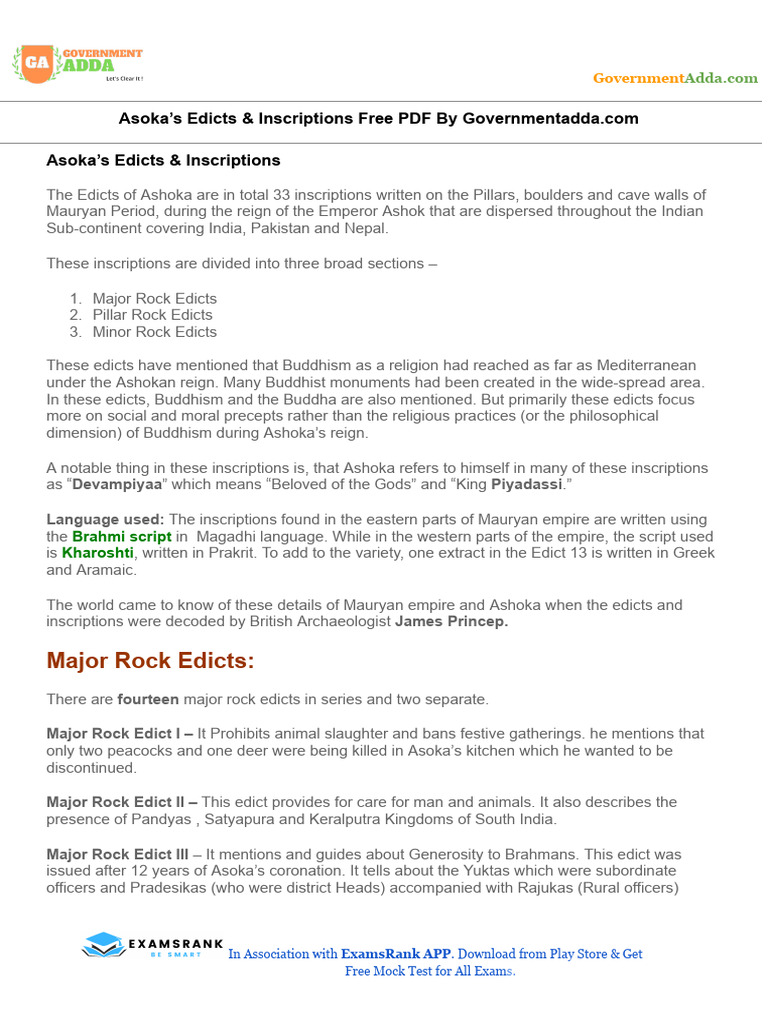 Ashoka's Edicts & Inscriptions PDF | PDF | Mahayana | Ashoka