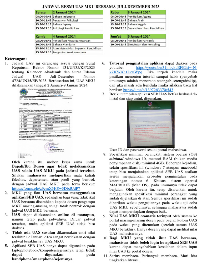 Panduan dan Jadwal Resmi UAS MKU Jul-Des 23 | PDF