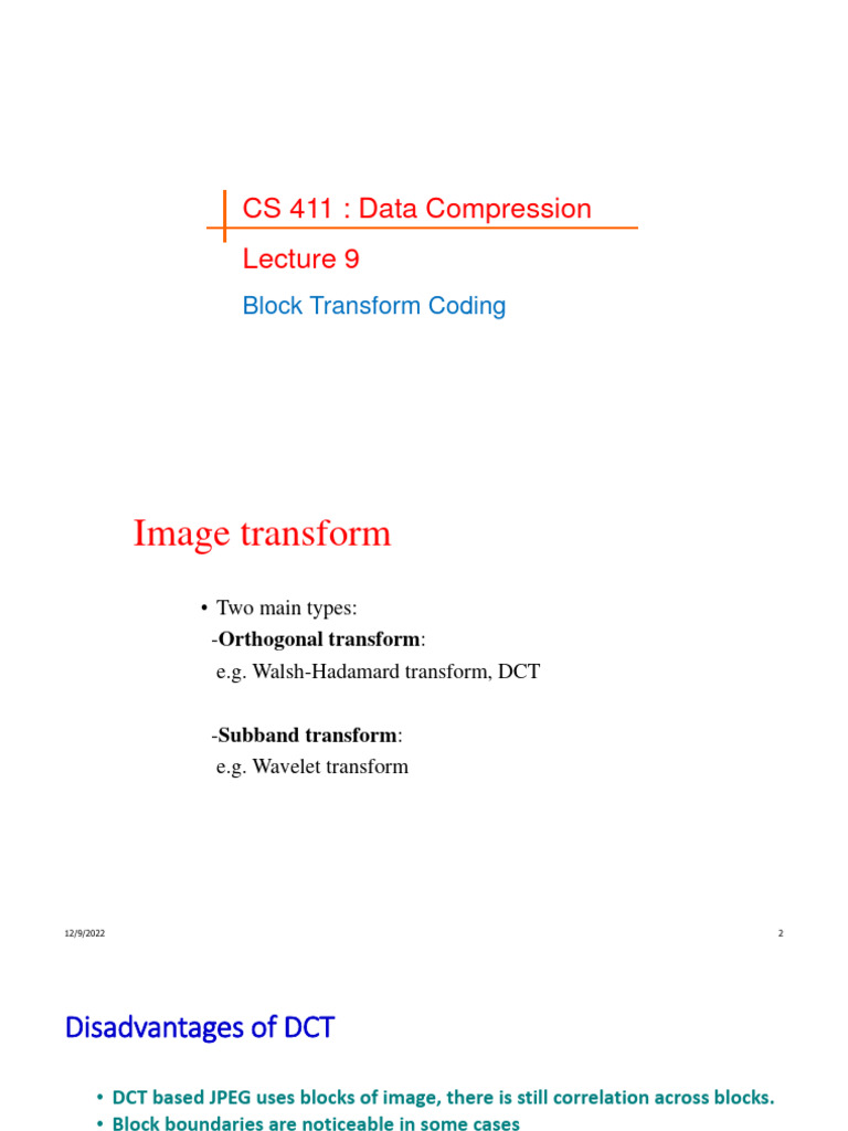 Lec9 Transform Coding Jpeg2000 Pdf Wavelet Data Compression