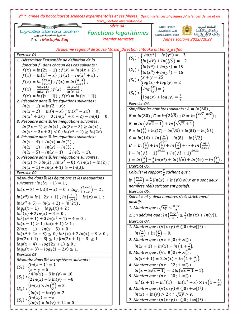 2bac PC SVT Série 04 Fonctions Logarithmes | PDF | Fonction (Mathématiques) | Limite (mathématiques)