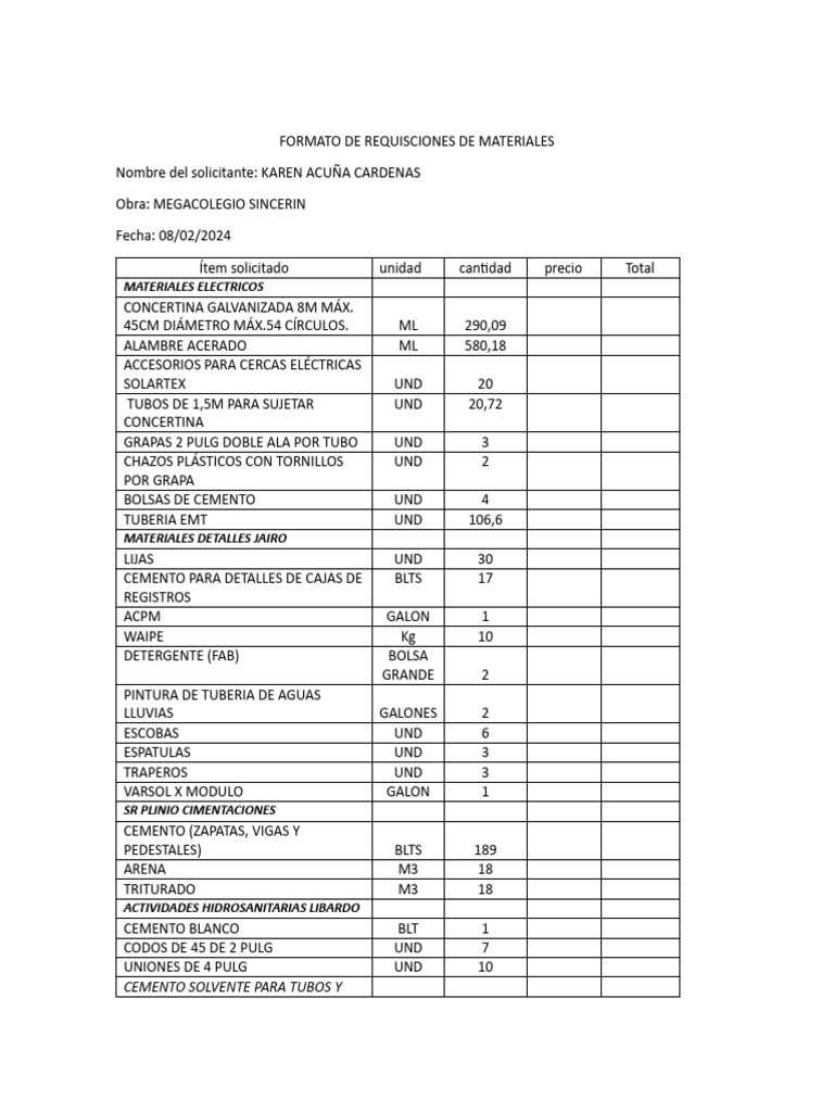Formato de Requisiciones de Materiales - 08 Feb 2024 | PDF | Materiales ...