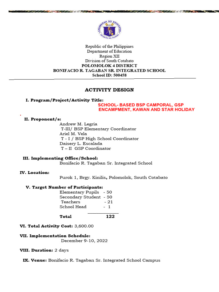 Activity Design in BSP and GSP 2022-2023 | PDF | Emergency Management ...