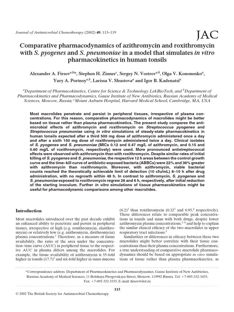 Comparative pharmacodynamics of azithromycin and roxithromycin with S. pyogenes and S ...