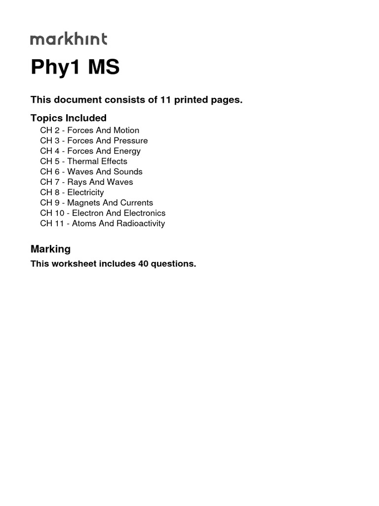 Physics Revision sheet Marking scheme | PDF