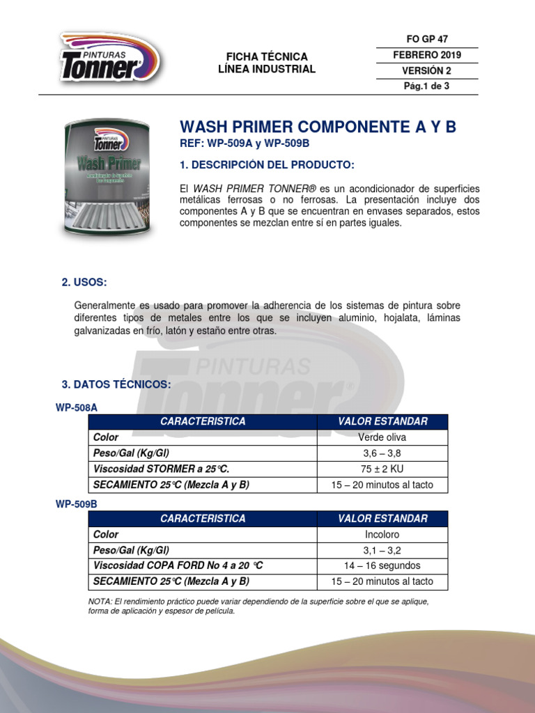 FT 01 Wash Primer Componente A y B | PDF | Materiales | Química