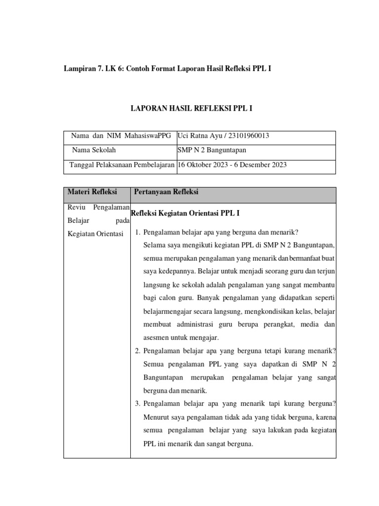 Topik 5 - Laporan Hasil Refleksi PPL I | PDF | Karier & Perkembangan