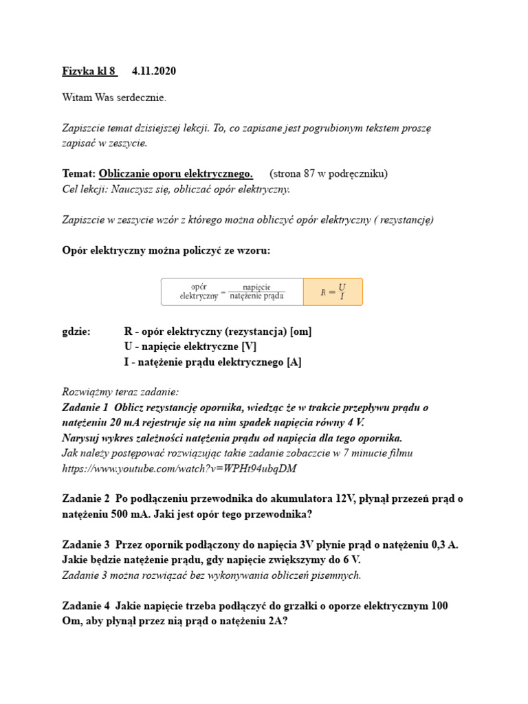 Fizyka KL 8 Wapiersk Obliczanie Oporu Elektrycznego | PDF